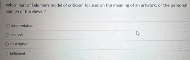 Solved: Which part of Feldman's model of criticism focuses on the ...