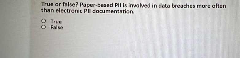 Solved: True or false? Paper-based PII is involved in data breaches ...