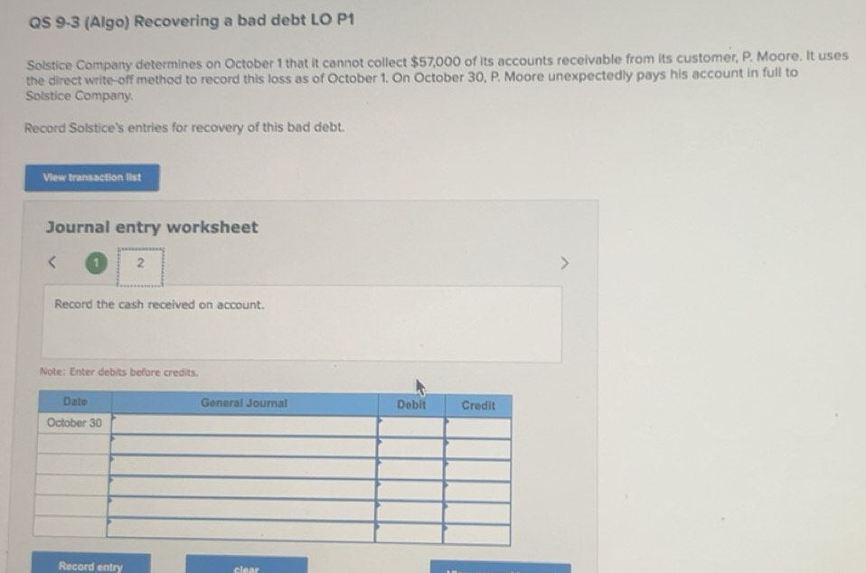 Solved: QS 9-3 (Algo) Recovering a bad debt LO P1 Solstice Company ...