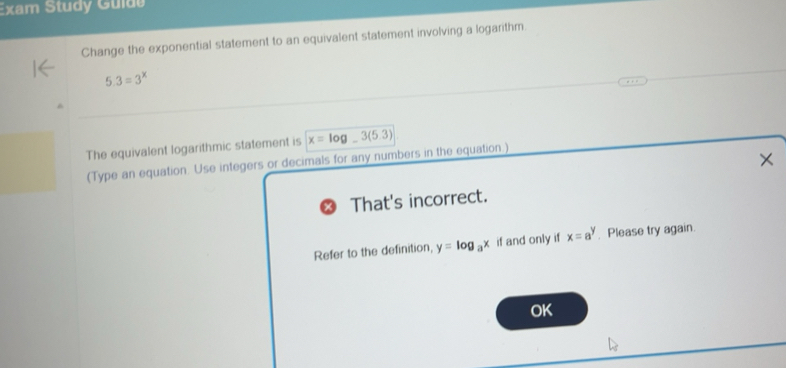 Solved: Exam Study Guide Change the exponential statement to an ...