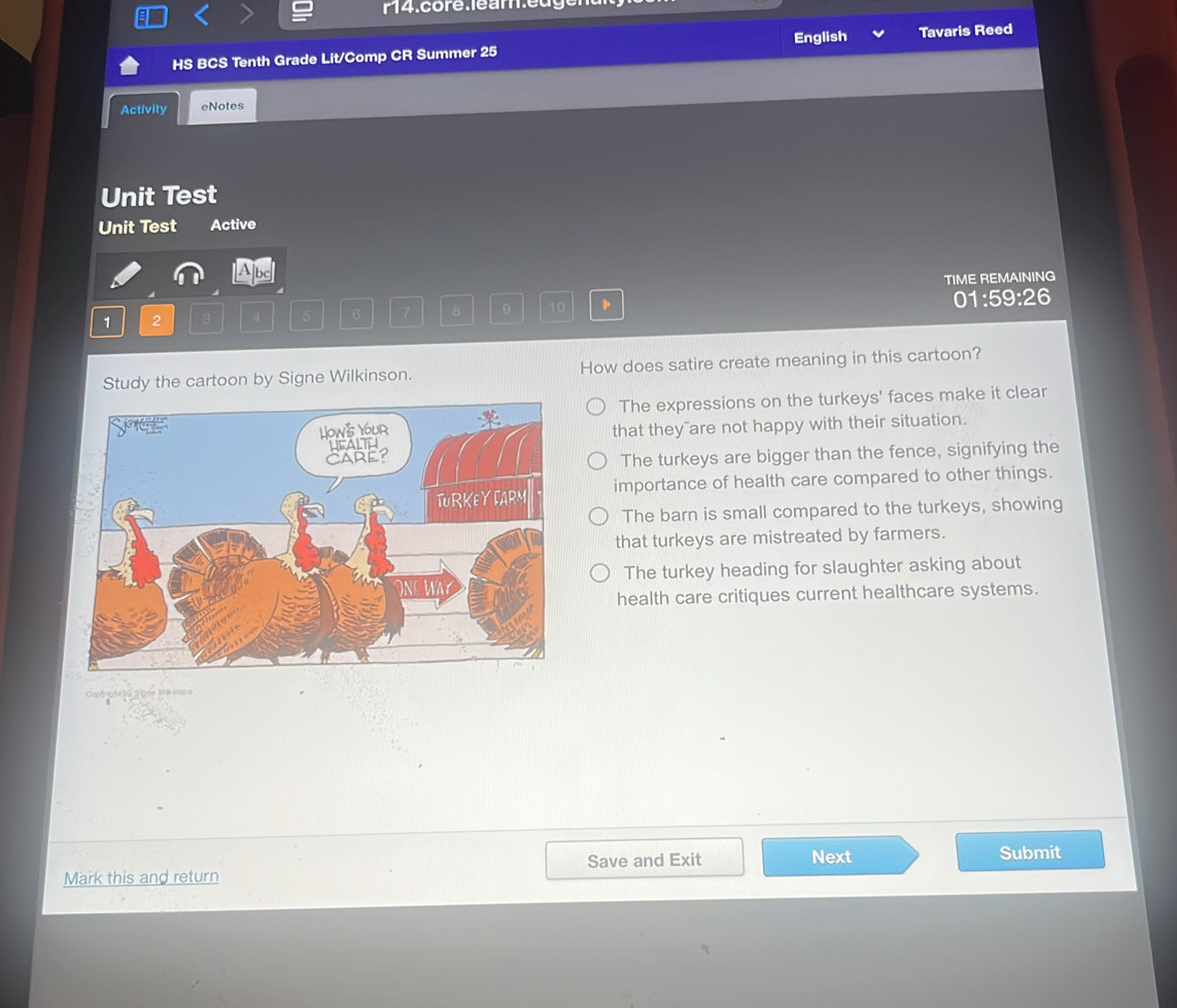 Solved: r14.core.lear.euger English Tavaris Reed HS BCS Tenth Grade Lit ...