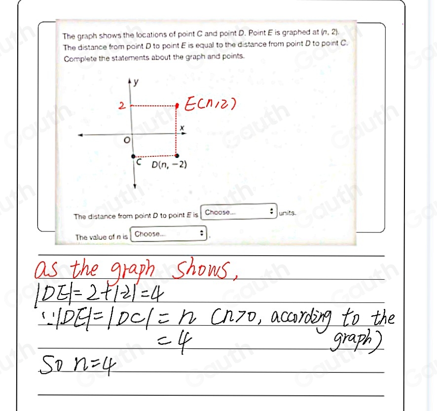 Solved: The graph shows the locations of point C and point D. Point E is graphed at (n,2). The ...