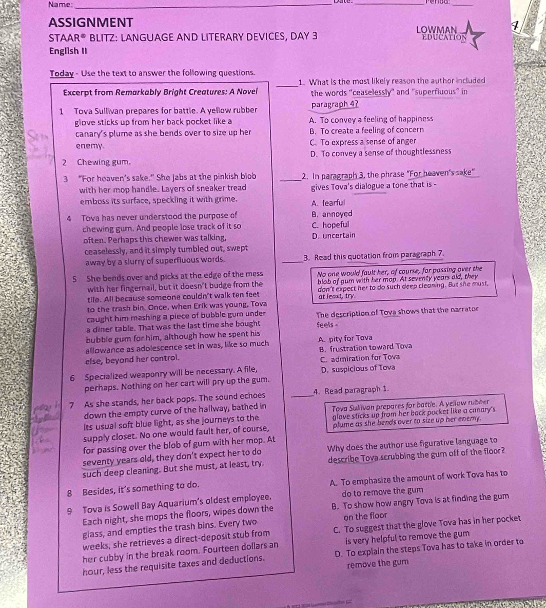 Solved: Name:_ _ _ ASSIGNMENT LOWMAN 1 STAAR® BLITZ: LANGUAGE AND ...