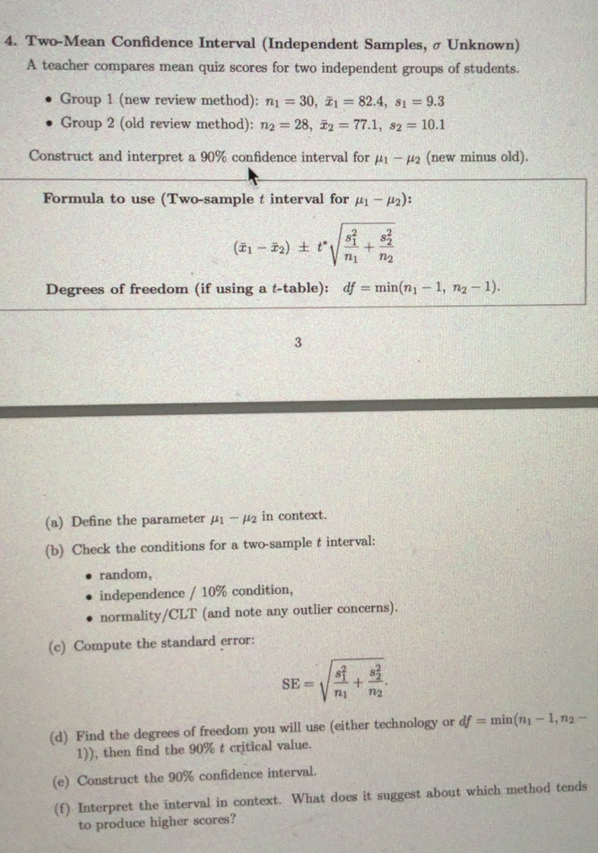 Solved: Two-Mean Confidence Interval (Independent Samples, σ Unknown) A ...