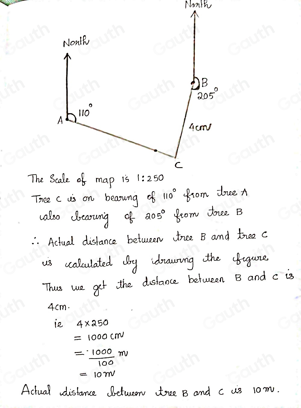 Solved: 6 7 The map shows the position of two trees, A and B. Scale 1: ...