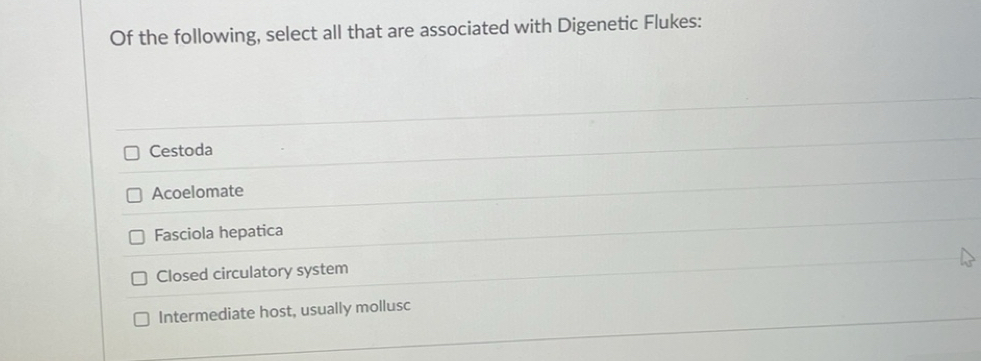 Solved: Of the following, select all that are associated with Digenetic ...
