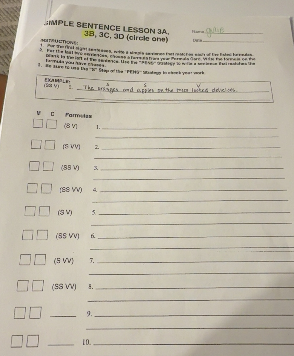 Solved: SIMPLE SENTENCE LESSON 3A, Name_ 3B, 3C, 3D (circle one) Date ...