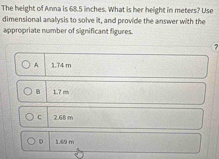 Solved: The height of Anna is 68.5 inches. What is her height in meters ...