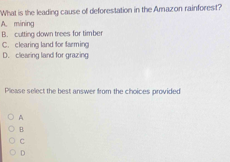 Solved: What is the leading cause of deforestation in the Amazon ...