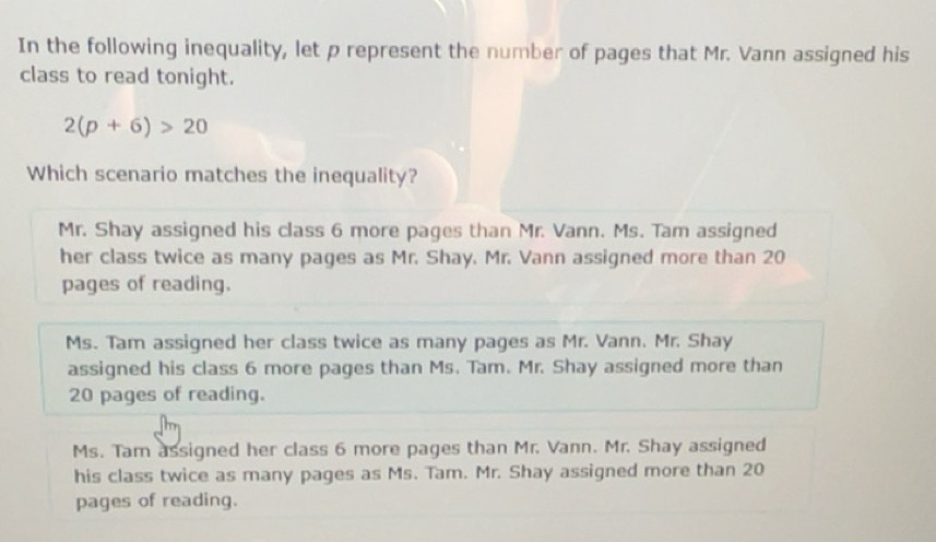 Solved: In the following inequality, let p represent the number of ...