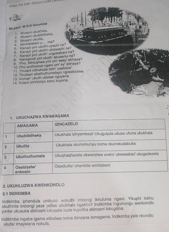 Solved: MIND THE GAP- ISIZULU ULIMI LW Musani- M.S.S Gcumisa 1. Musani ...