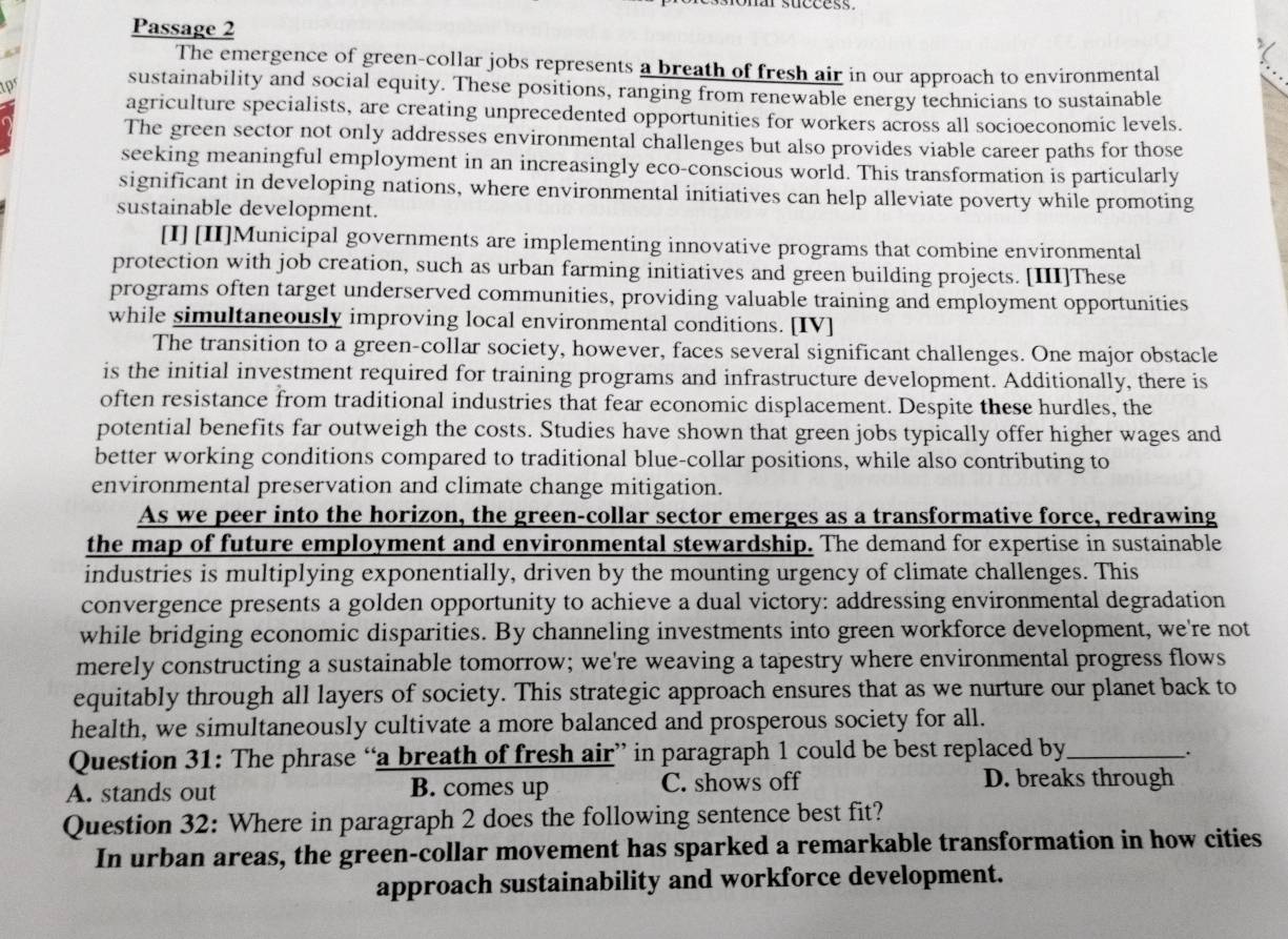 Giải quyết:Passage 2 The emergence of green-collar jobs represents a ...