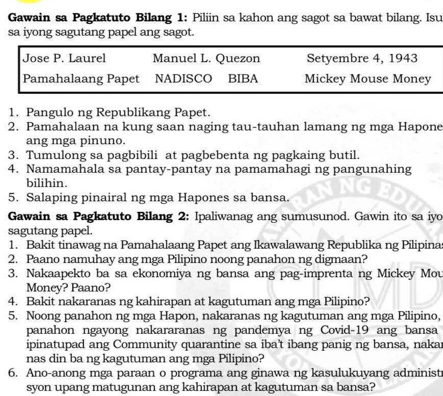 Solved: Gawain sa Pagkatuto Bilang 1: Piliin sa kahon ang sagot sa ...