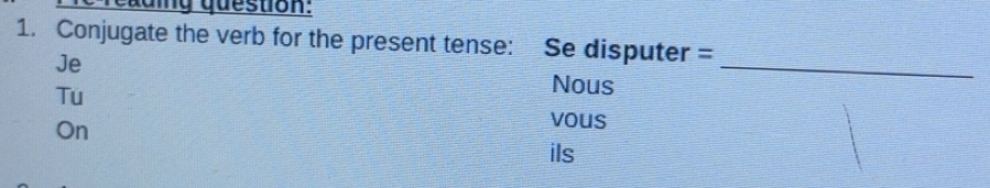 Gelöst:cuaig question: 1. Conjugate the verb for the present tense: Se ...