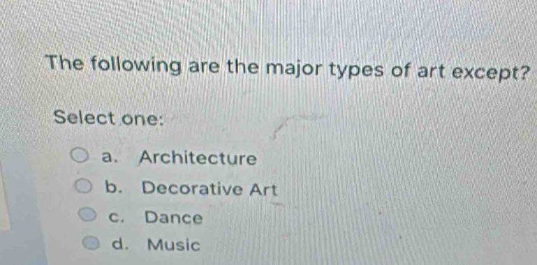 Solved: The following are the major types of art except? Select one: a ...