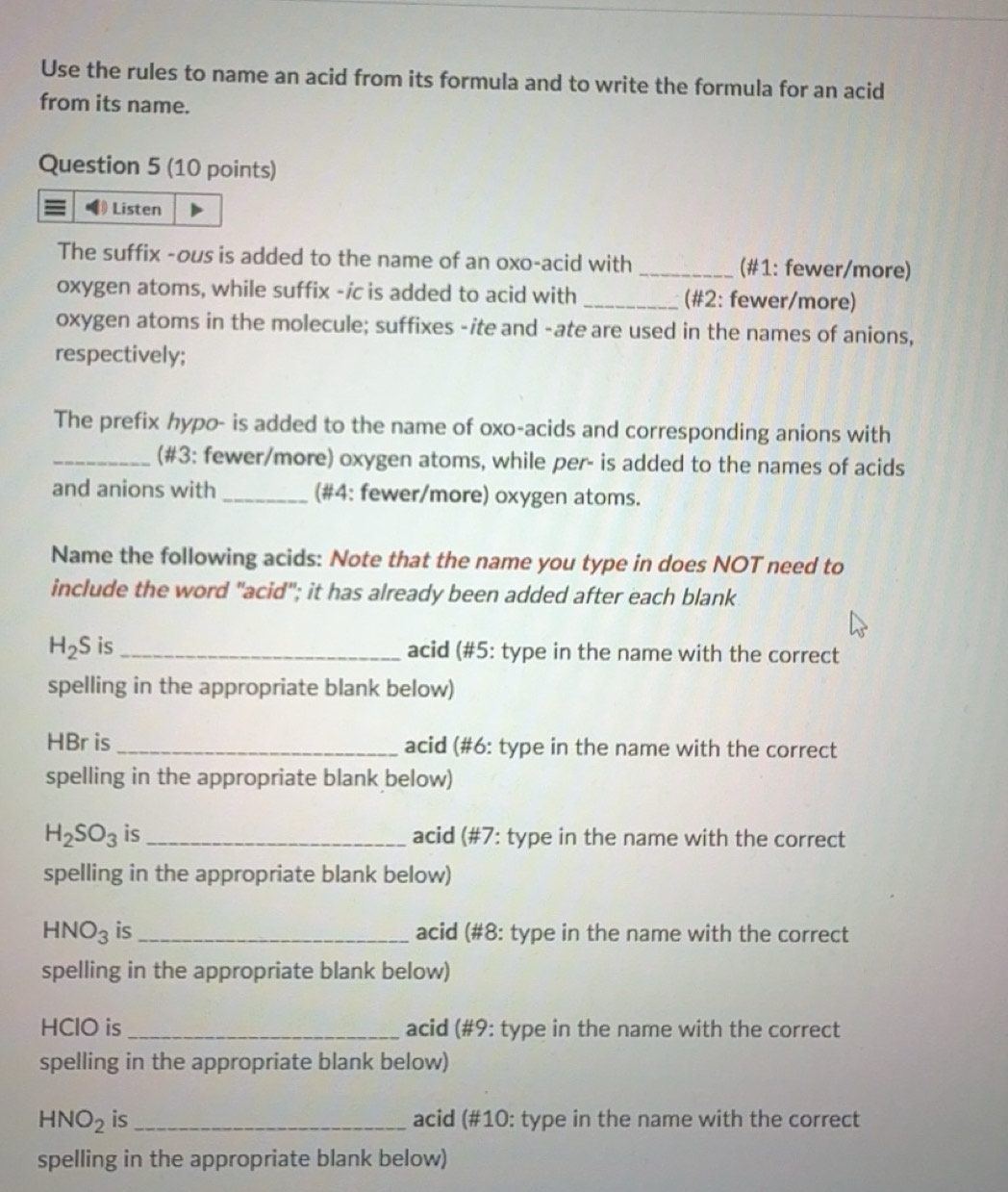 Solved: Use the rules to name an acid from its formula and to write the ...
