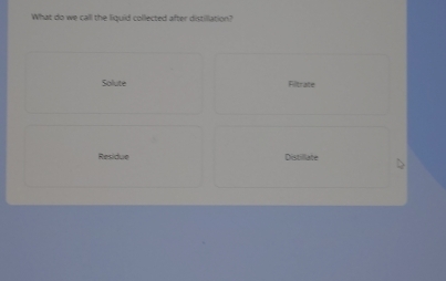 Solved: What do we call the liquid collected after distillation? Solute ...