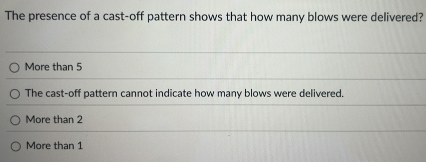 Solved: The presence of a cast-off pattern shows that how many blows ...