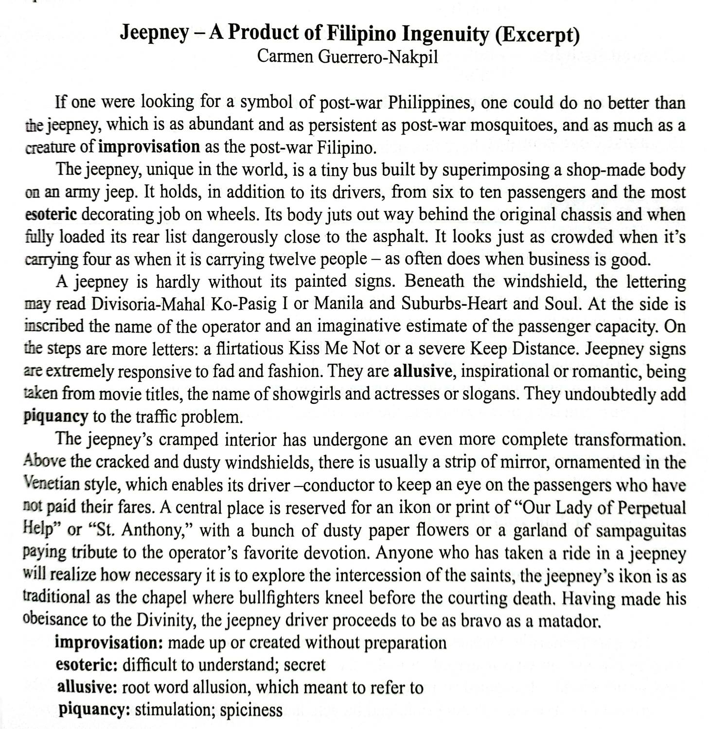 Solved: Jeepney - A Product of Filipino Ingenuity (Excerpt) Carmen ...