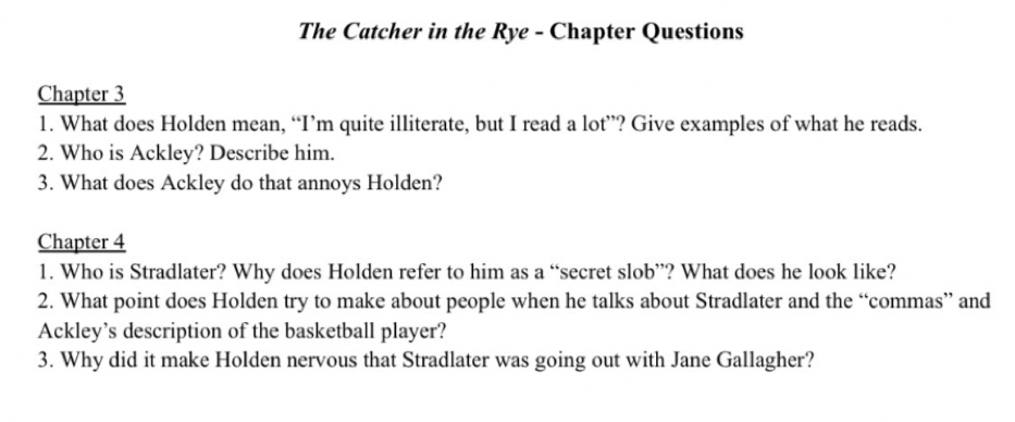 Solved: The Catcher in the Rye - Chapter Questions Chapter 3 1. What ...