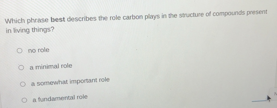 Solved: Which phrase best describes the role carbon plays in the ...
