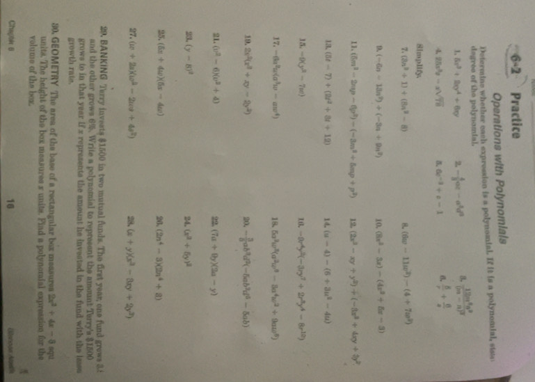 Solved: 6-2 Practice Operations with Polynomials Determine whether each ...