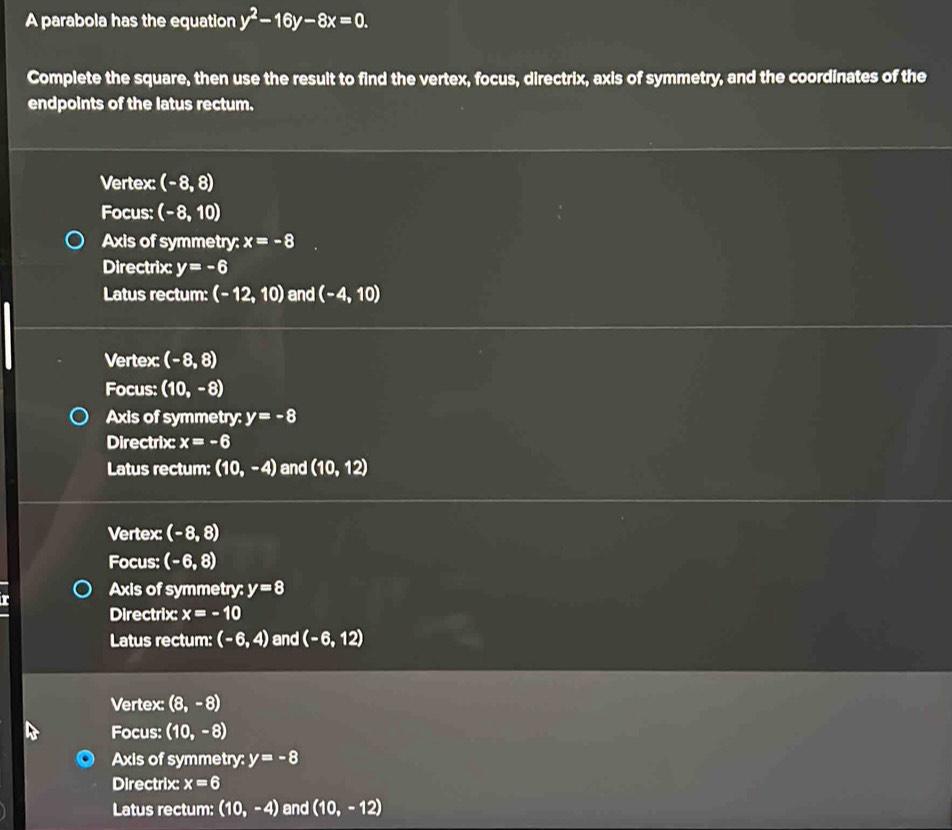 Solved: A parabola has the equation y^2-16y-8x=0. Complete the square ...