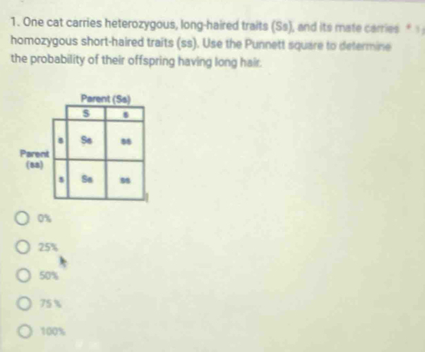 Solved: One cat carries heterozygous, long-haired traits (Ss), and its ...