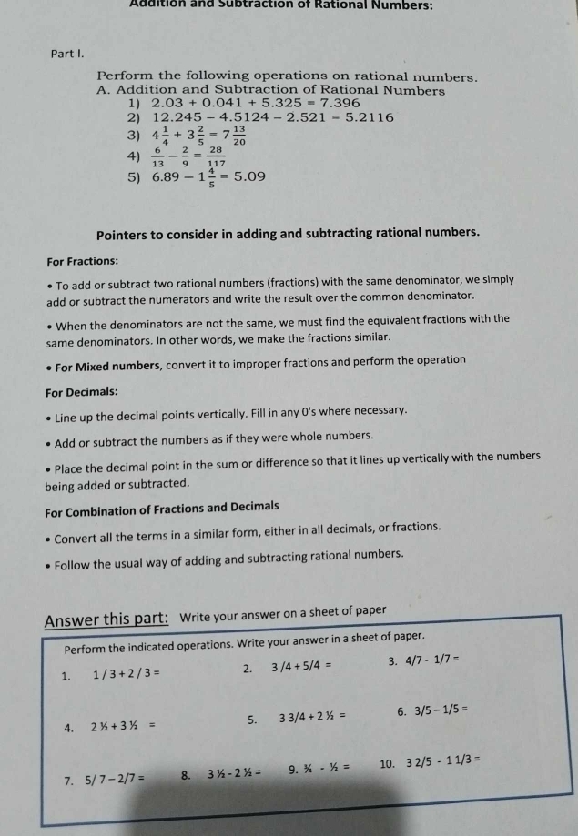 Solved: Addition and Subtraction of Rational Numbers: Part I. Perform ...