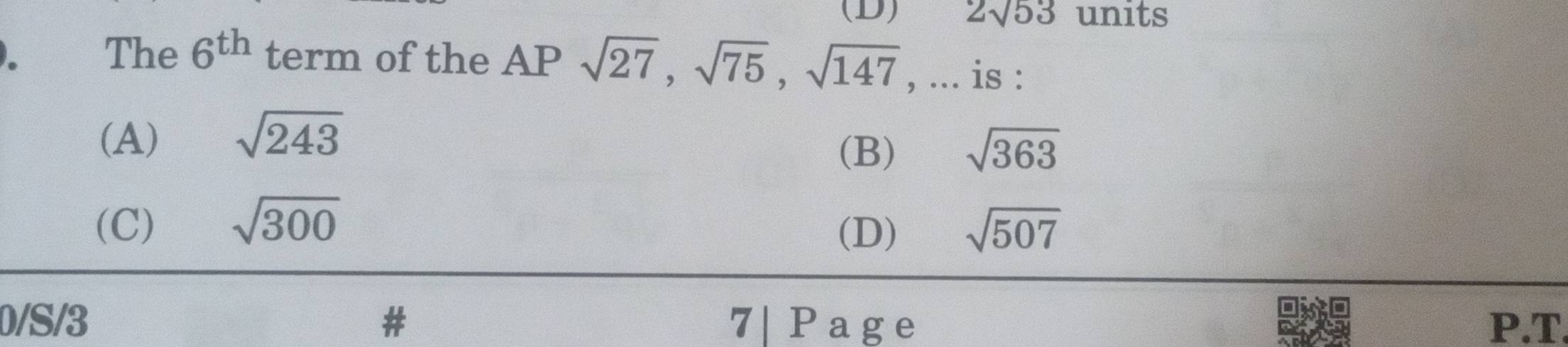 تم الحل:(D) 2surd 53 units The 6^(th) term of the AP sqrt(27), sqrt(75 ...