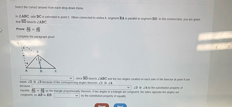 Solved: Select the correct answer from each drop-down menu In ABC , side BC is extended to point ...