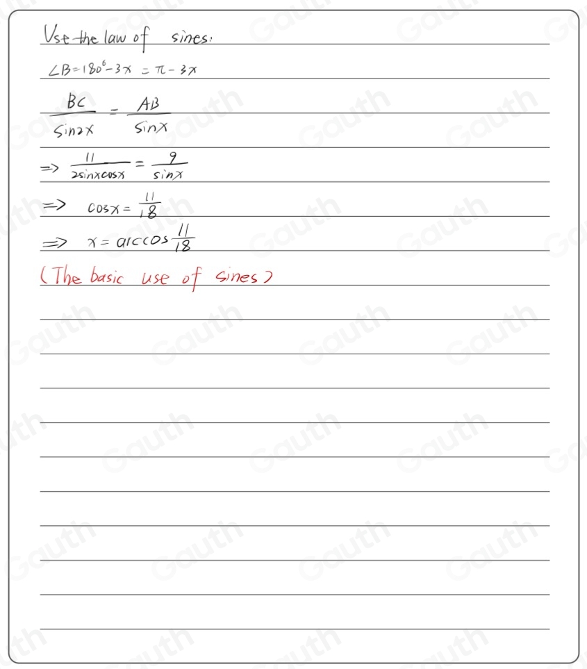 Solved: Determine the angle x in the triangle given below with AB=9 and BC=11. Hint: Use the Law ...