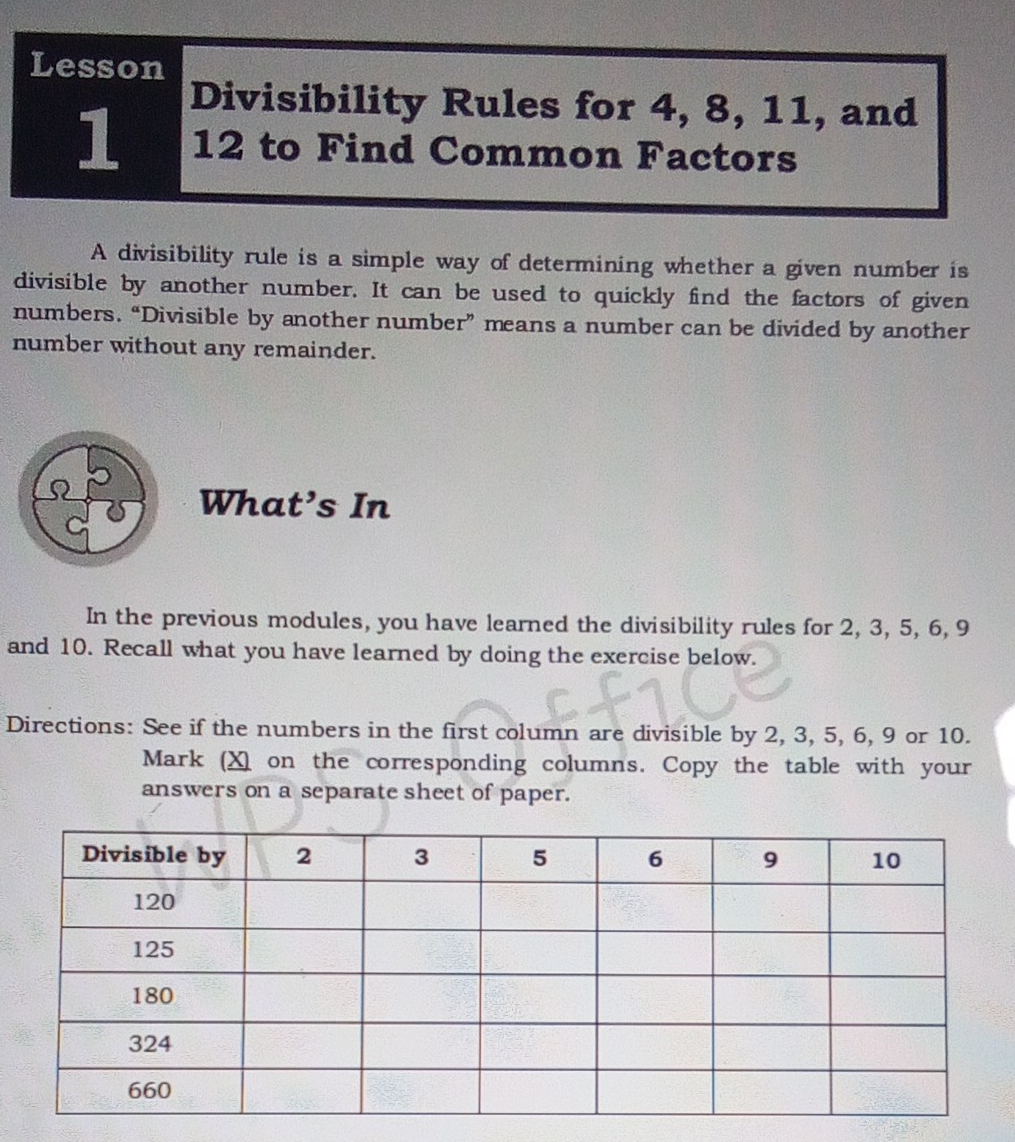Solved: Lesson Divisibility Rules for 4, 8, 11, and 1 12 to Find Common ...