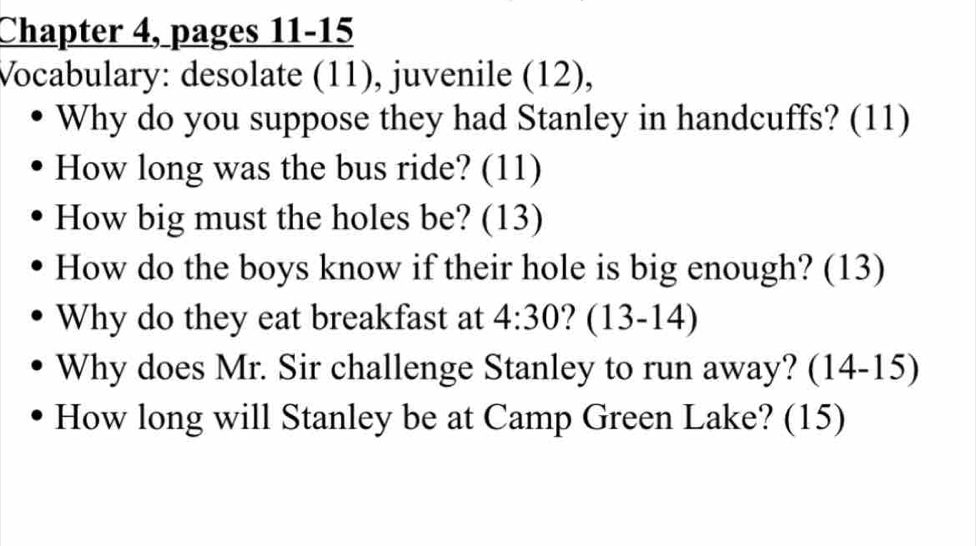 Solved: Chapter 4, pages 11-15 Vocabulary: desolate (11), juvenile (12 ...