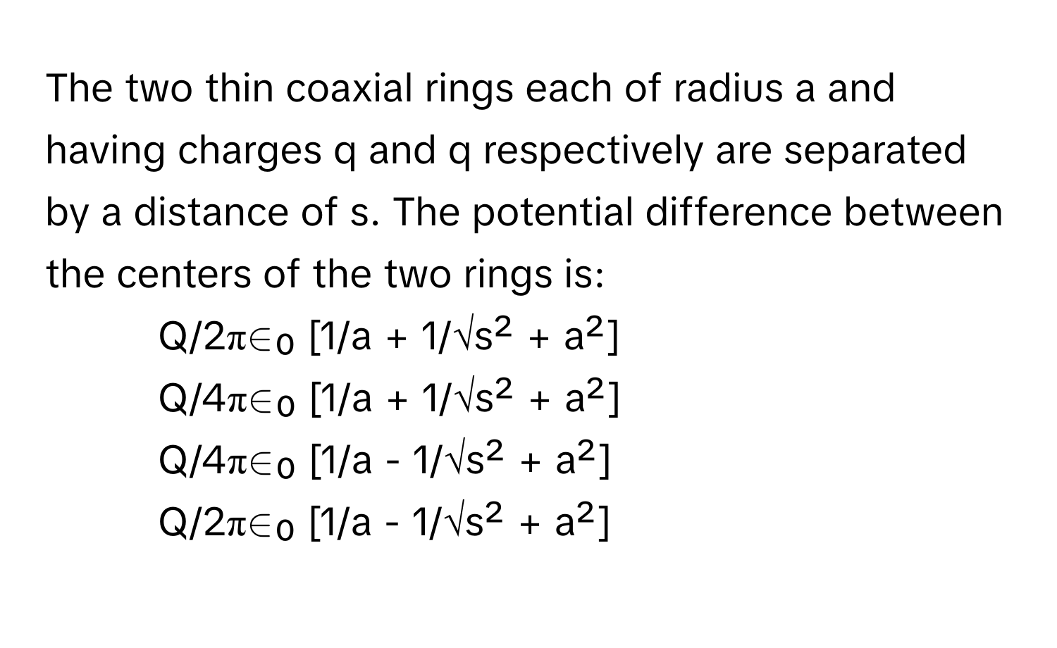 Solved: The two thin coaxial rings each of radius a and having charges ...