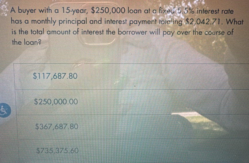 Solved: A buyer with a 15-year, $250,000 loan at a fixed 5.5% interest ...