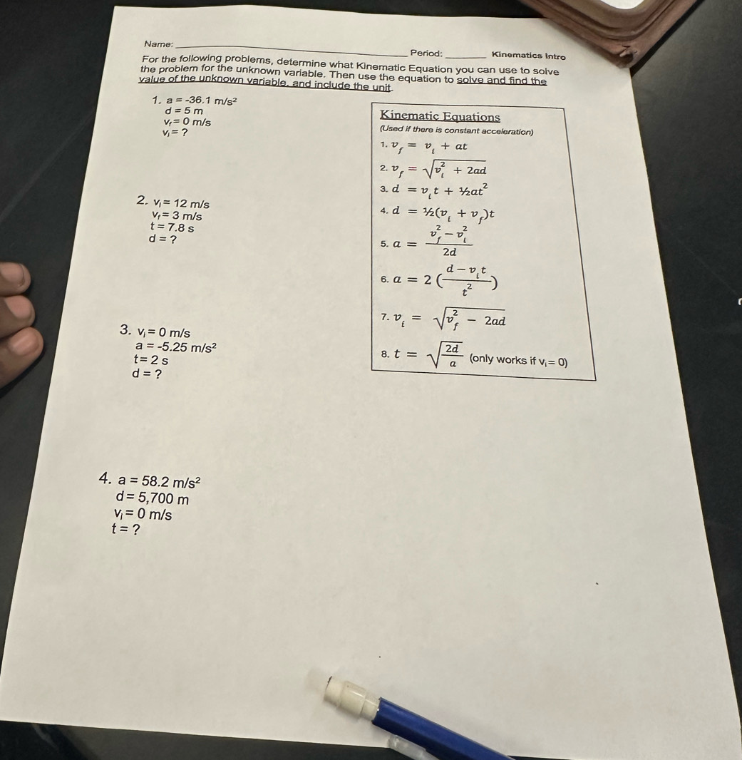 Solved: Name:_ Period: Kinematics Intro For the following problems ...