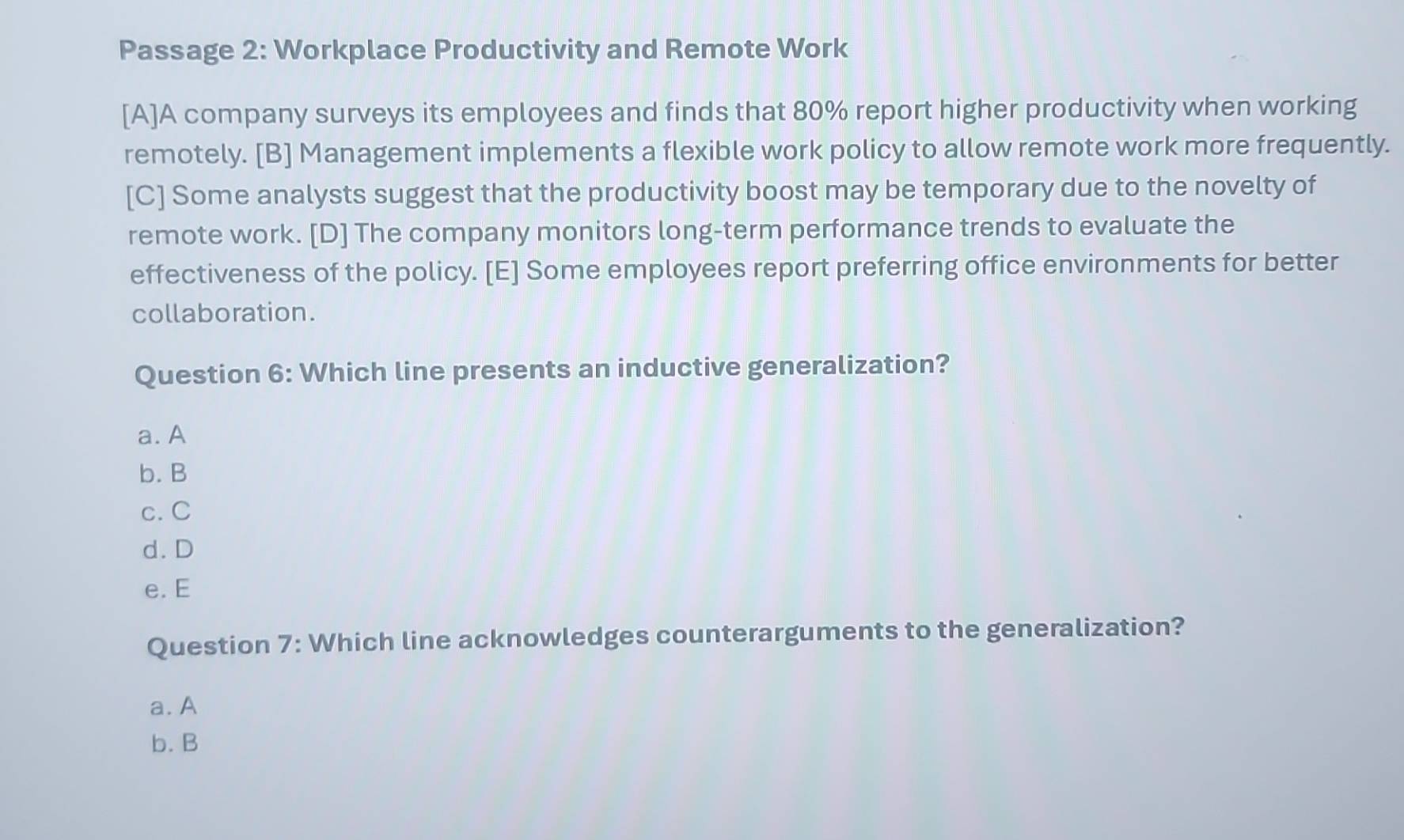 Solved: Passage 2: Workplace Productivity and Remote Work [A]A company ...