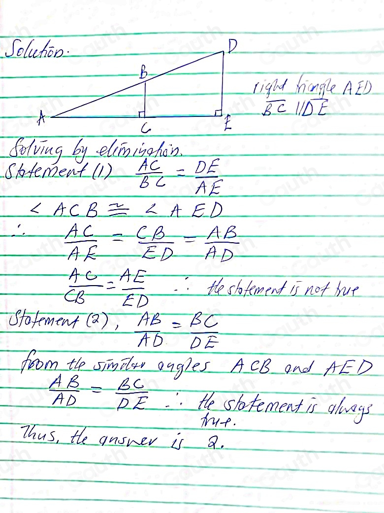 Solved: In the diagram below of right triangle AED, overline BCparallel ...