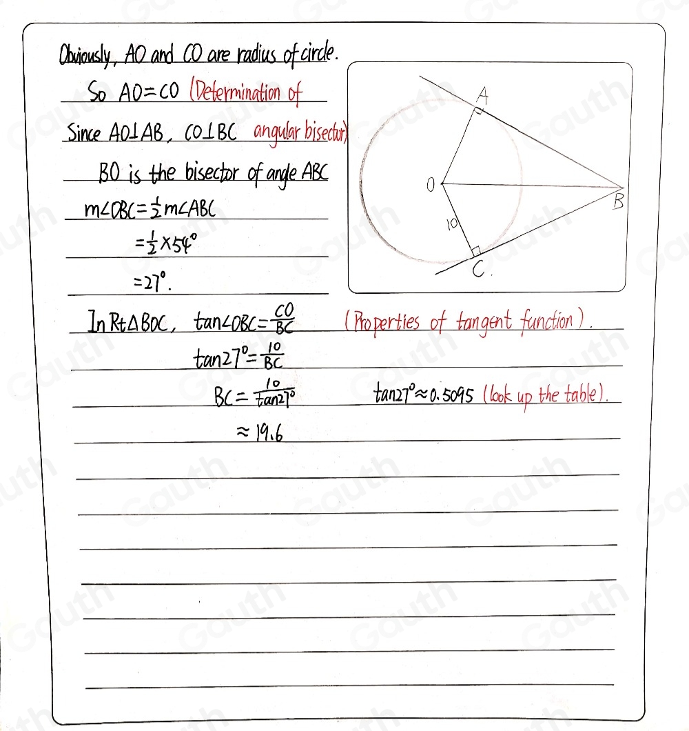Solved: In the figure, OC=10 m∠ ABC = 54° , and overline BA and overline BC are tangents to ...