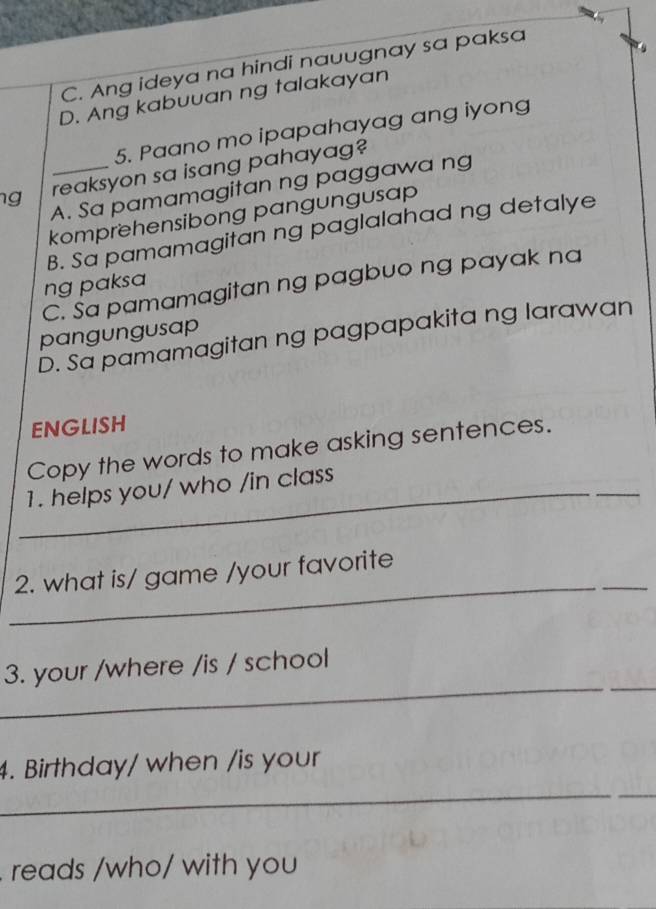 Solved: 9 C. Ang ideya na hindi nauugnay sa paksa D. Ang kabuuan ng ...