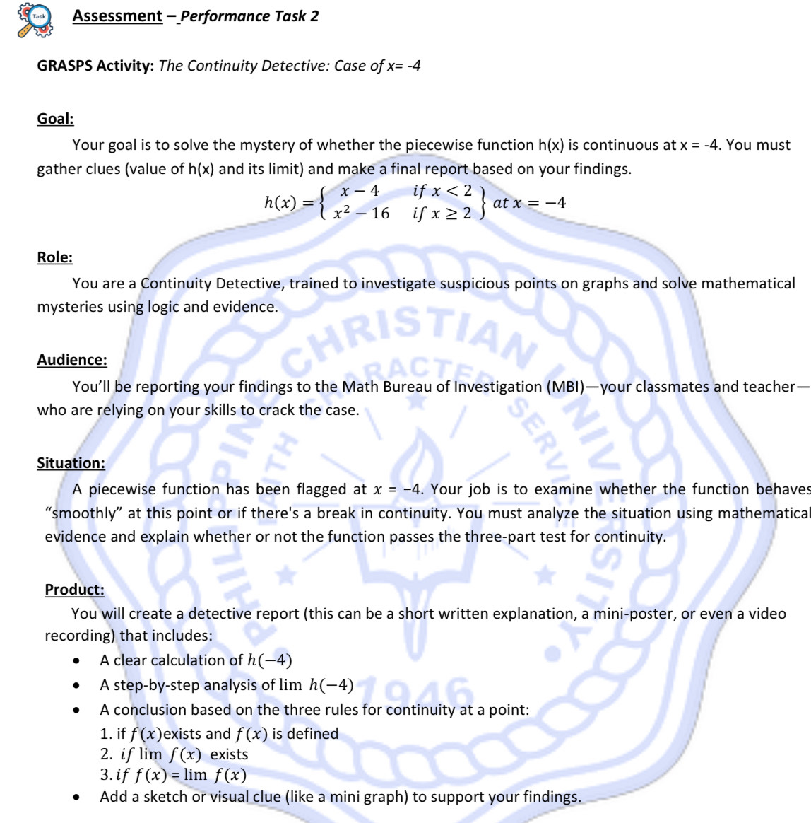Solved: Assessment - Performance Task 2 GRASPS Activity: The Continuity ...