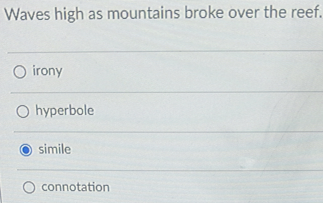 Solved: Waves high as mountains broke over the reef. irony hyperbole ...