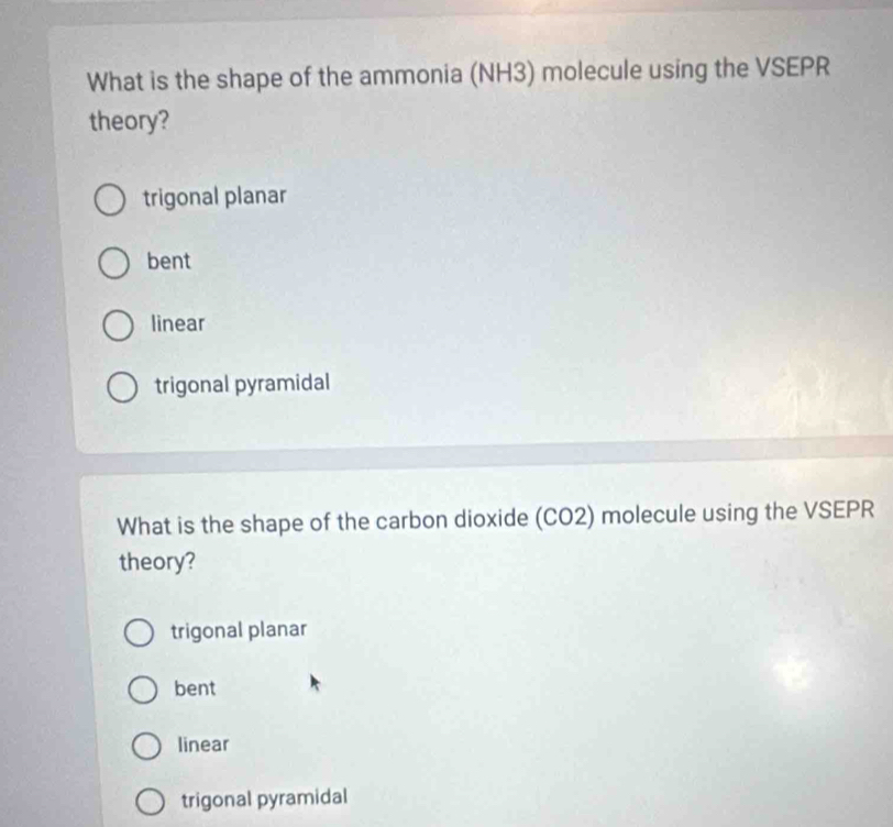 Solved: What is the shape of the ammonia (NH3) molecule using the VSEPR ...