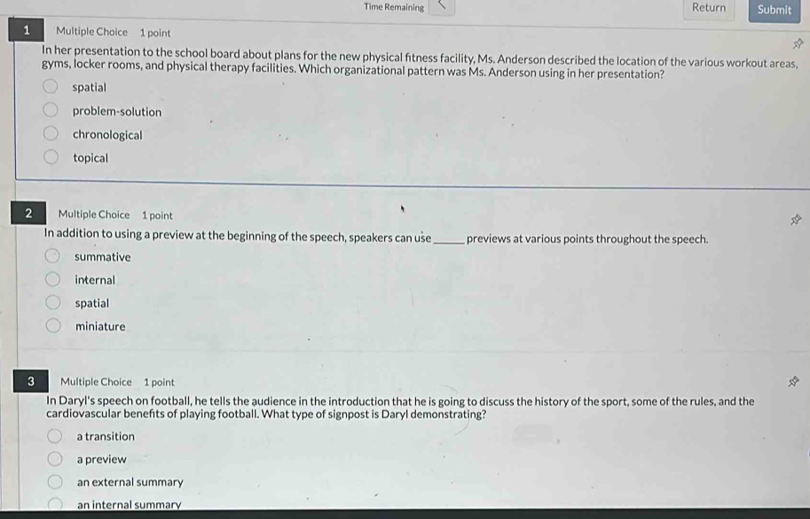 Solved: Time Remaining Return Submit 1 Multiple Choice 1 point In her ...