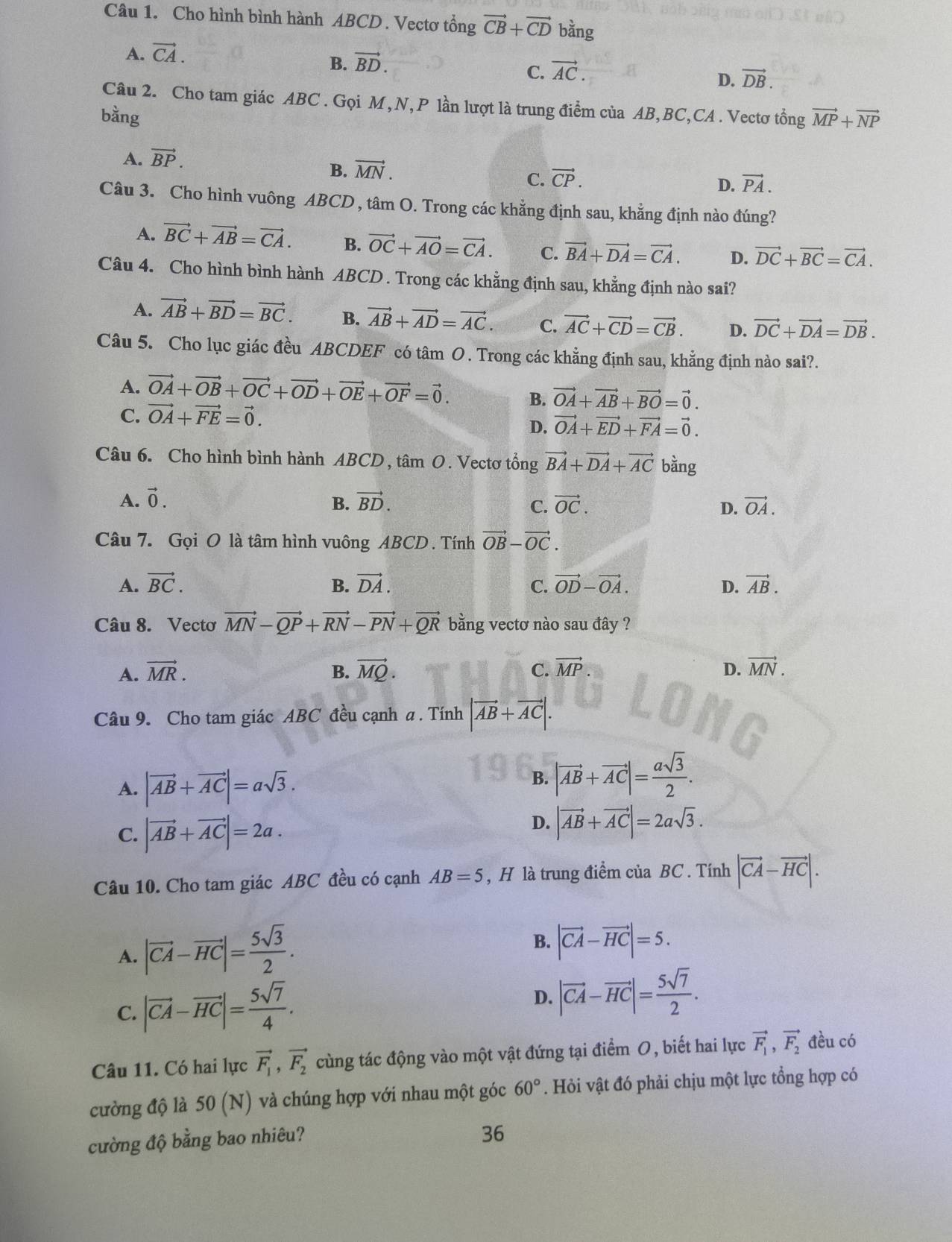 Giải quyết:Cho hình bình hành ABCD . Vectơ tổng vector CB+vector CD ...