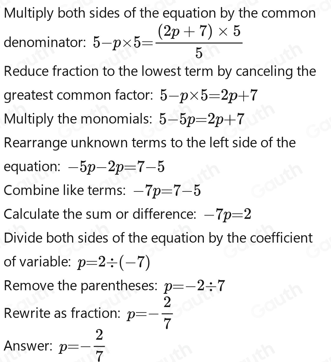 Selesai:Diberi 1-p= (2p+7)/5 , cari nilai p. Given 1-p= (2p+7)/5 , find ...