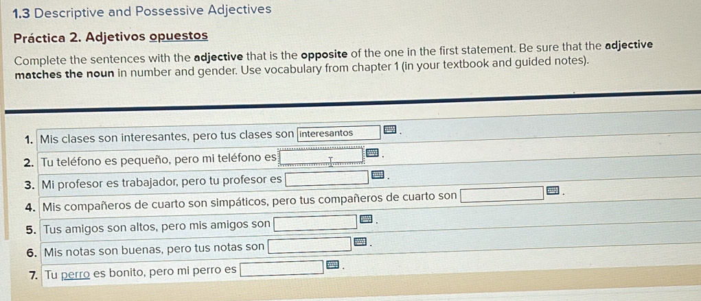 Solved: 1.3 Descriptive and Possessive Adjectives Práctica 2. Adjetivos ...