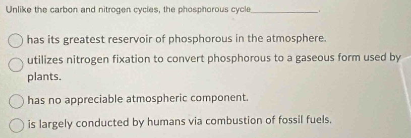 Solved: Unlike the carbon and nitrogen cycles, the phosphorous cycle ...