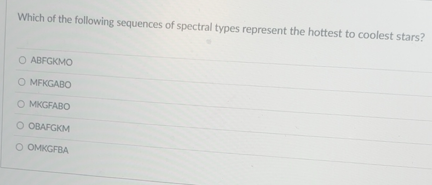 Solved: Which of the following sequences of spectral types represent ...